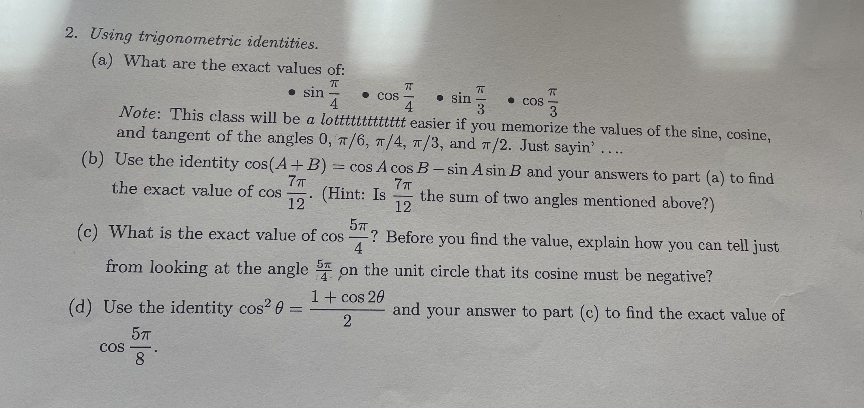 Solved 2. Using trigonometric identities. (a) What are the | Chegg.com