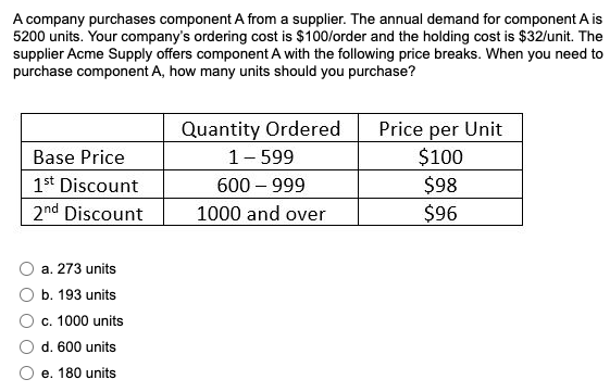 Solved A company purchases component A from a supplier. The | Chegg.com
