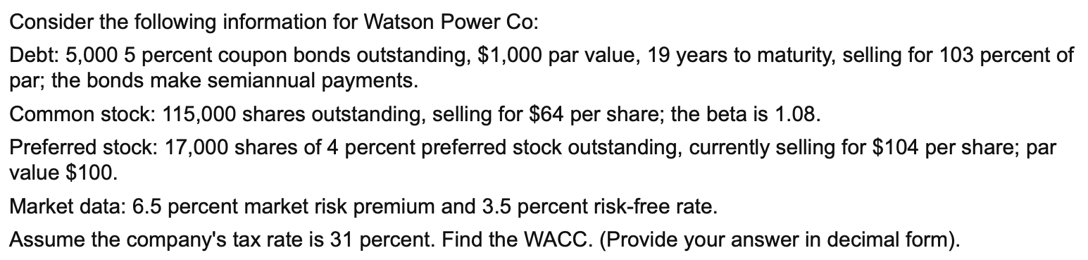 Solved Consider the following information for Watson Power | Chegg.com