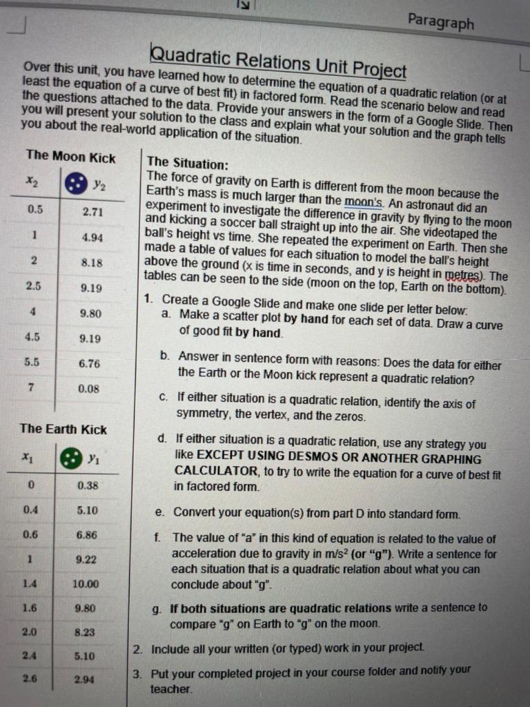 Quadratic Relations Unit Project Over this unit, you | Chegg.com
