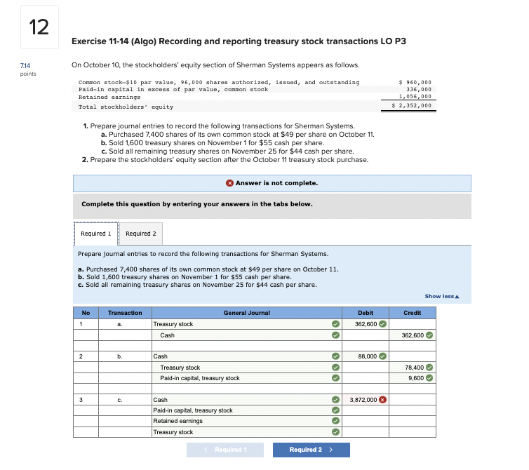 Solved Exercise 11-14 (Algo) Recording and reporting | Chegg.com