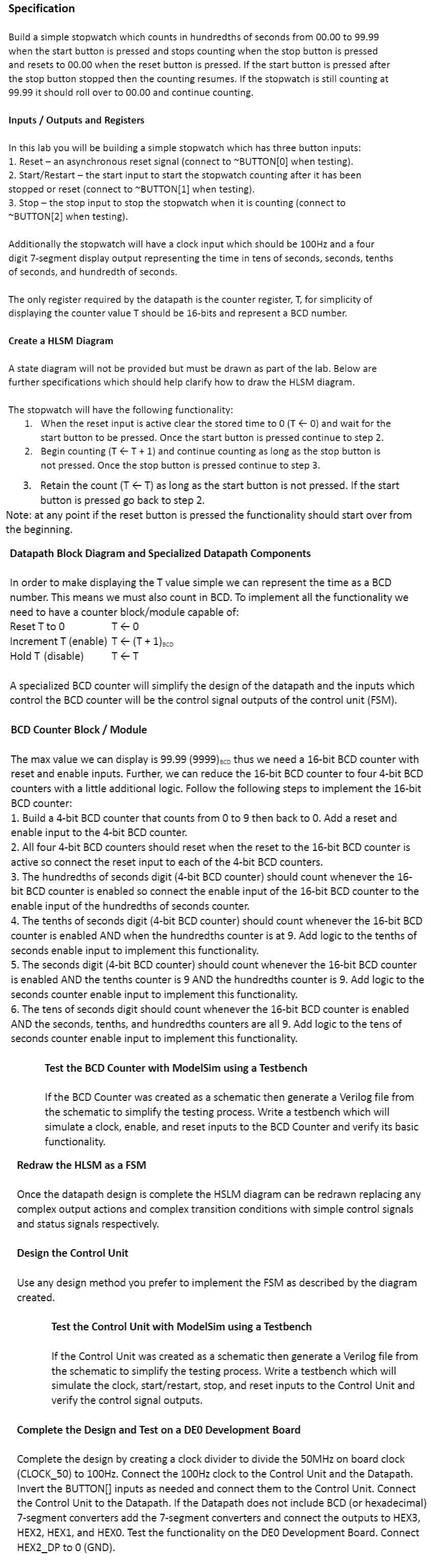 Specification Build a simple stopwatch which counts | Chegg.com