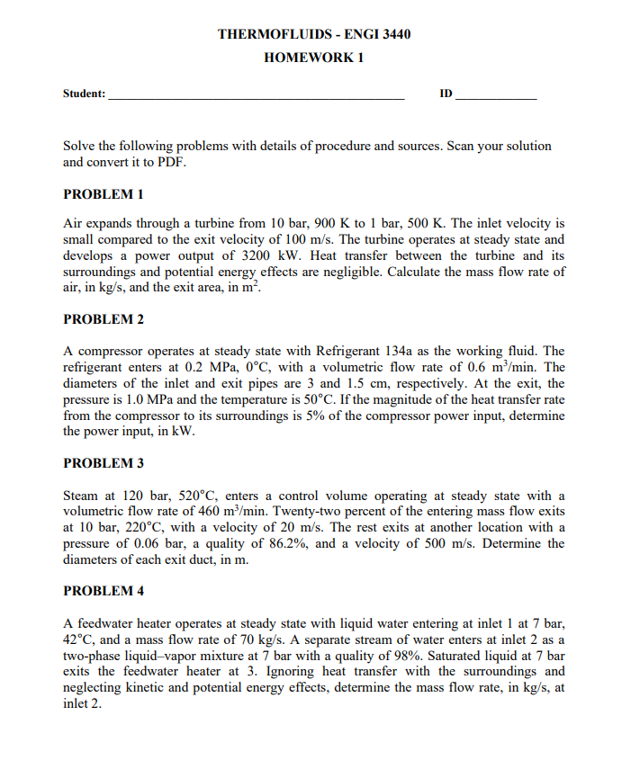 Solved THERMOFLUIDS - ENGI 3440 HOMEWORK 1 Student: ID Solve | Chegg.com