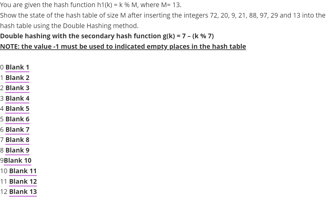 Solved You are given the hash function h1(k)=k%M, where | Chegg.com