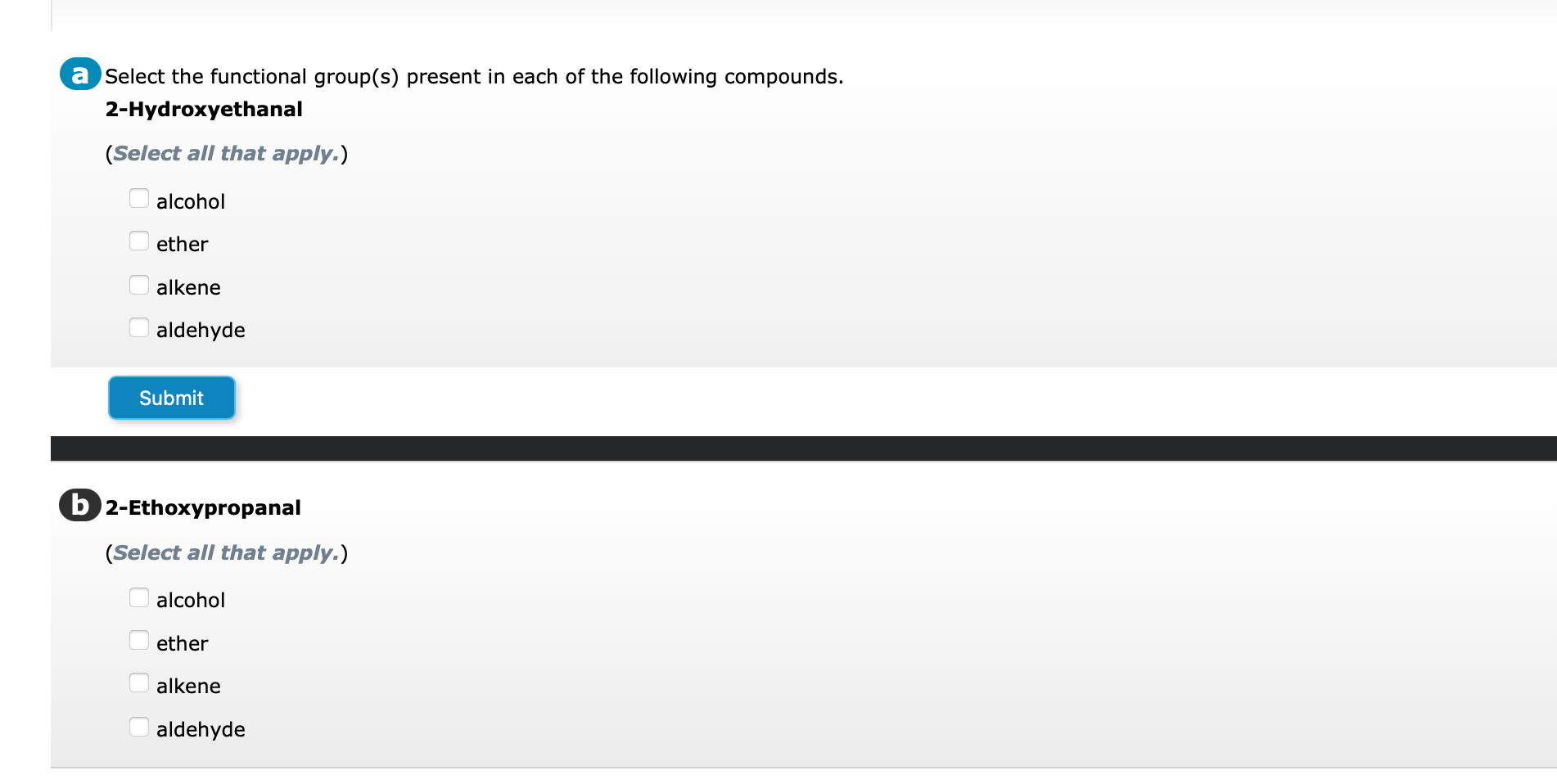 Solved Select the functional group(s) present in each of the | Chegg.com