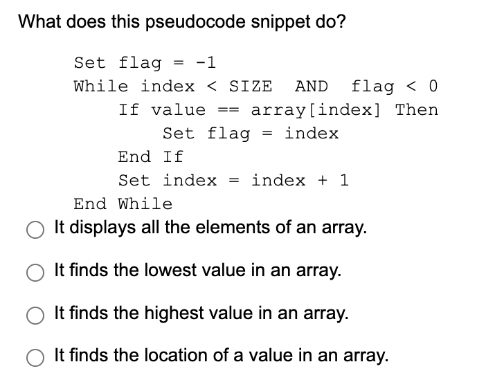 Solved What does this pseudocode snippet do? == Set flag = | Chegg.com