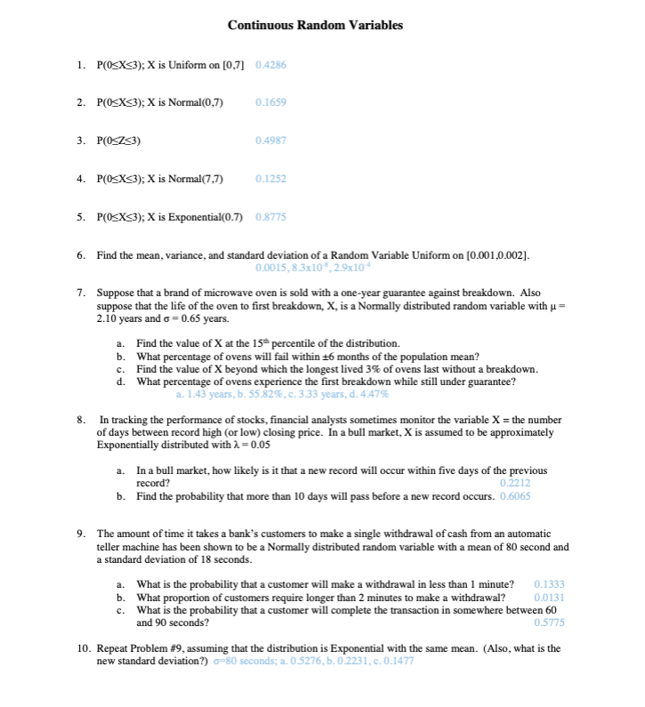 Solved Continuous Random Variables 1. P(O*X$3); X is Uniform | Chegg.com