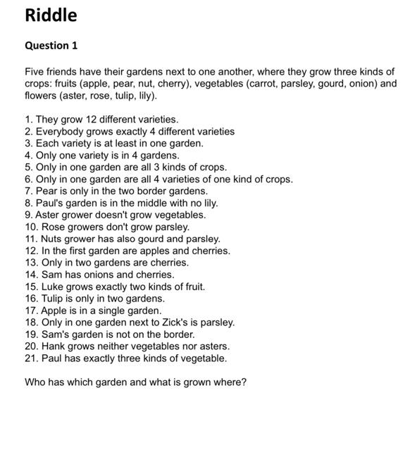 Solved Riddle Question 1 Five friends have their gardens | Chegg.com