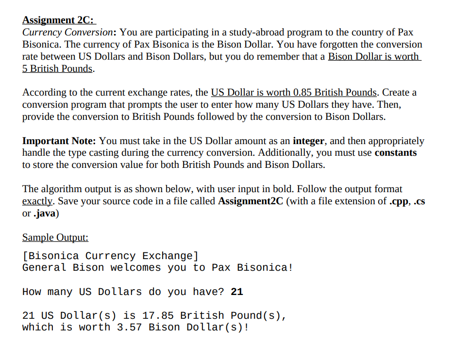 Solved Assignment 2C: Currency Conversion: You are | Chegg.com