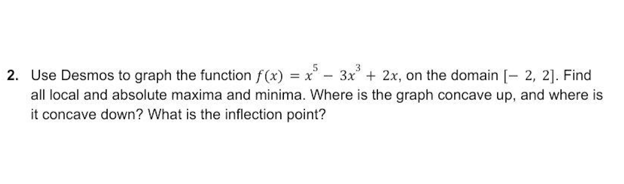 Solved 2. Use Desmos to graph the function f(x)=x5−3x3+2x, | Chegg.com