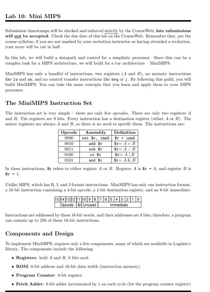 Lab 10: Mini MIPS Submission timestamps will be | Chegg.com