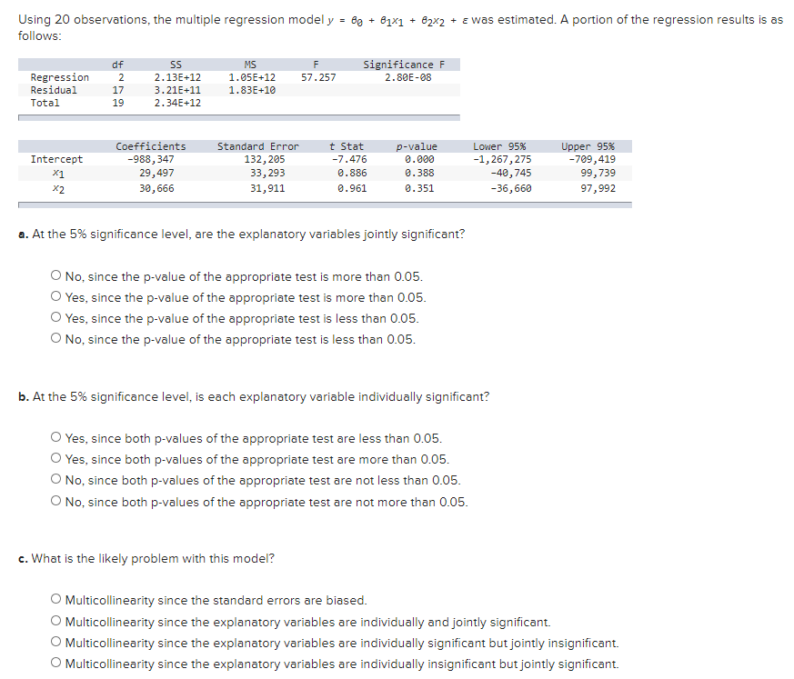 Solved Using 20 observations, the multiple regression model | Chegg.com