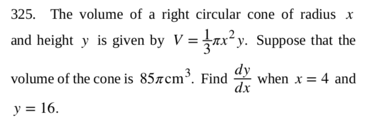 Solved 325. The volume of a right circular cone of radius x | Chegg.com