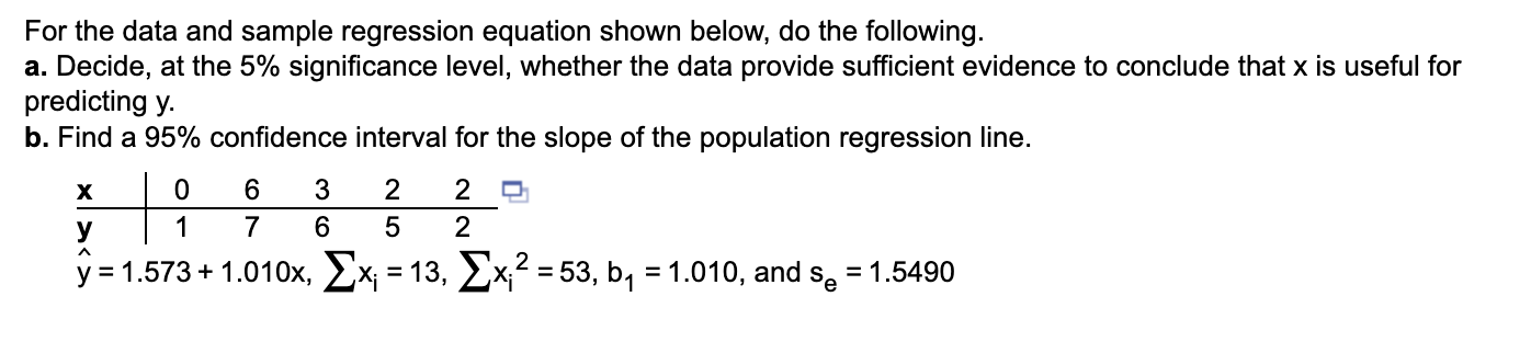 For the data and sample regression equation shown | Chegg.com