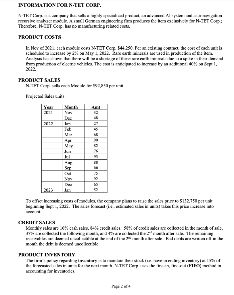 Solved INFORMATION FOR N-TET CORP. N-TET Corp. is a company | Chegg.com