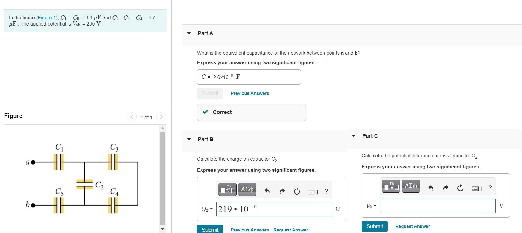 Solved In the figure (Figure 1), C1 - C5 = 8.4 uF and C2= C3 | Chegg.com