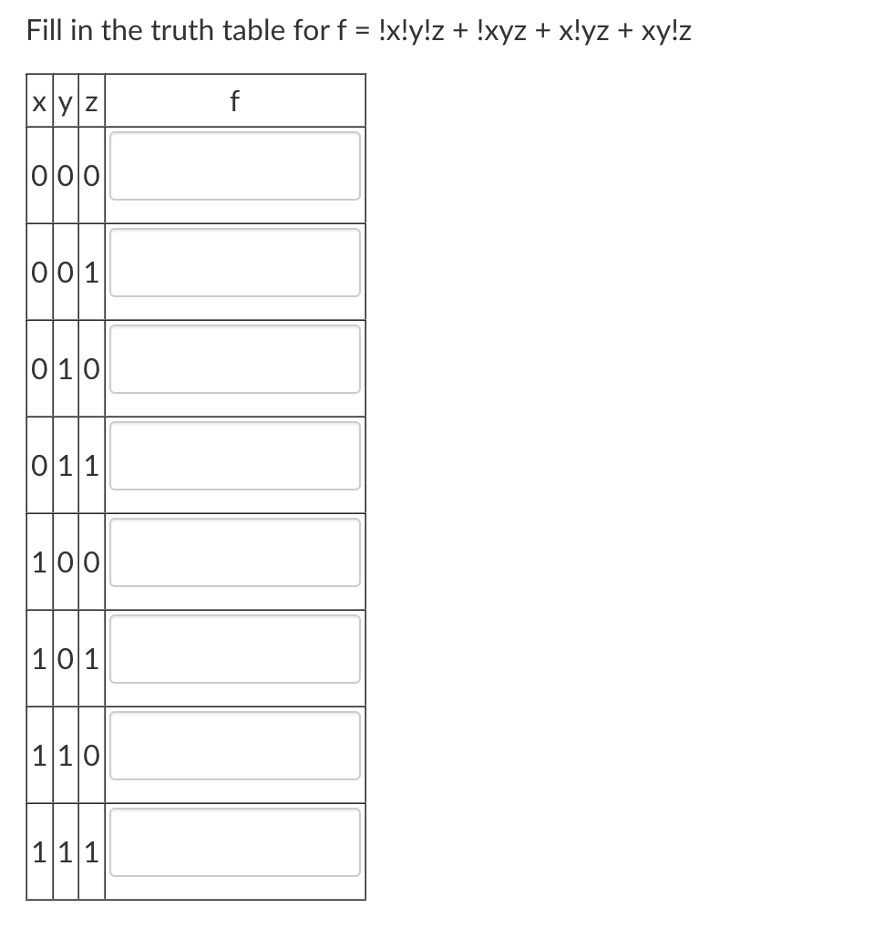 Solved Fill in the truth table for f=!x!y!z+!xyz+x!yz+xy!z | Chegg.com