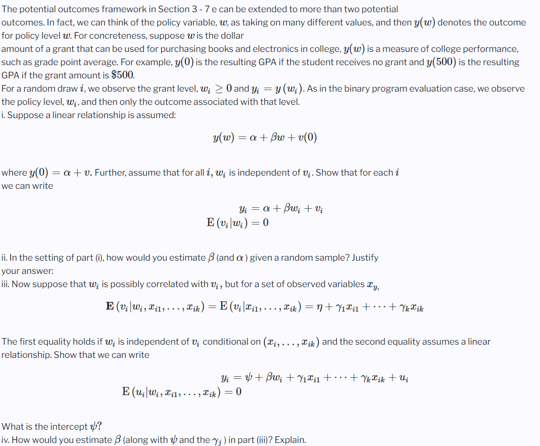Solved The potential outcomes framework in Section 3 - 7 e | Chegg.com