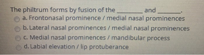 Solved The philtrum forms by fusion of the o a. Frontonasal | Chegg.com
