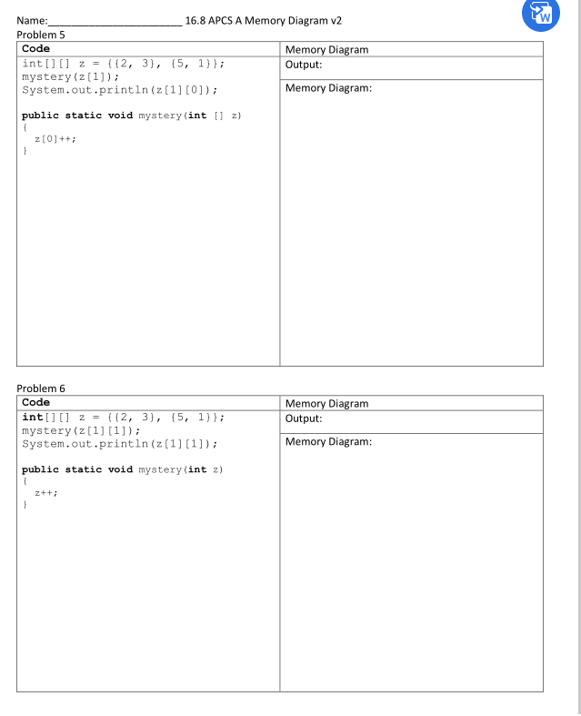 Solved Yw Name: 16.8 APCS A Memory Diagram v2 Problem 5 Code | Chegg.com