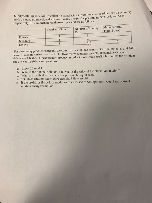 Solved 2. (30 points) Quality Air Conditioning manufactures | Chegg.com