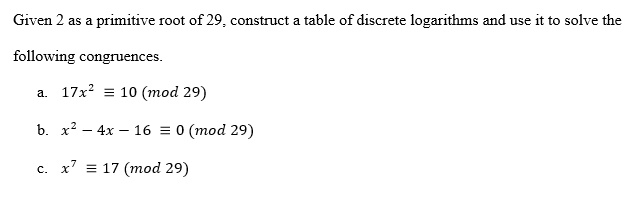Solved Given 2 as a primitive root of 29, construct a table | Chegg.com