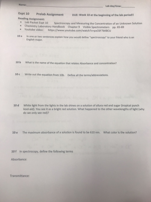 Solved Lab day/timet Expt 10 Prelab Assignment Reading | Chegg.com