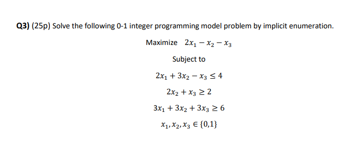 Solved Q3) (25p) Solve the following 0-1 integer programming | Chegg.com