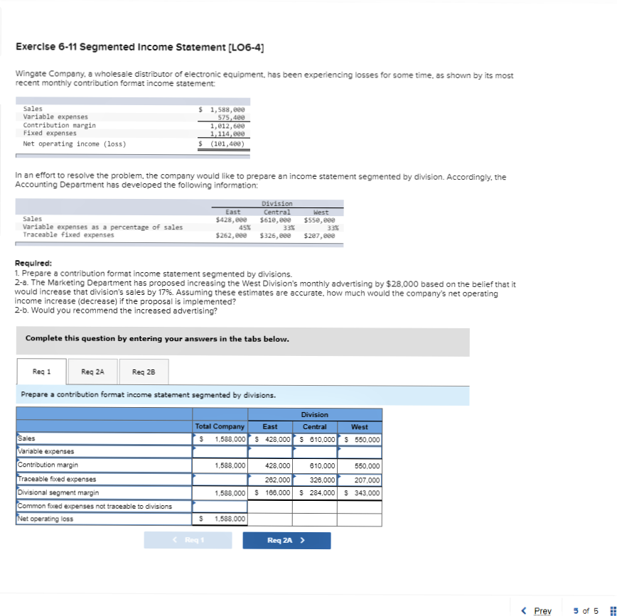 Solved Exercise 6-11 Segmented Income Statement [L06-4) | Chegg.com