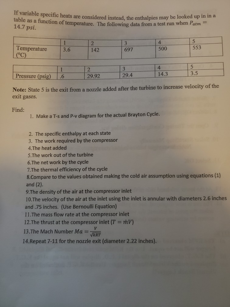If variable specific heats are considered instead, | Chegg.com