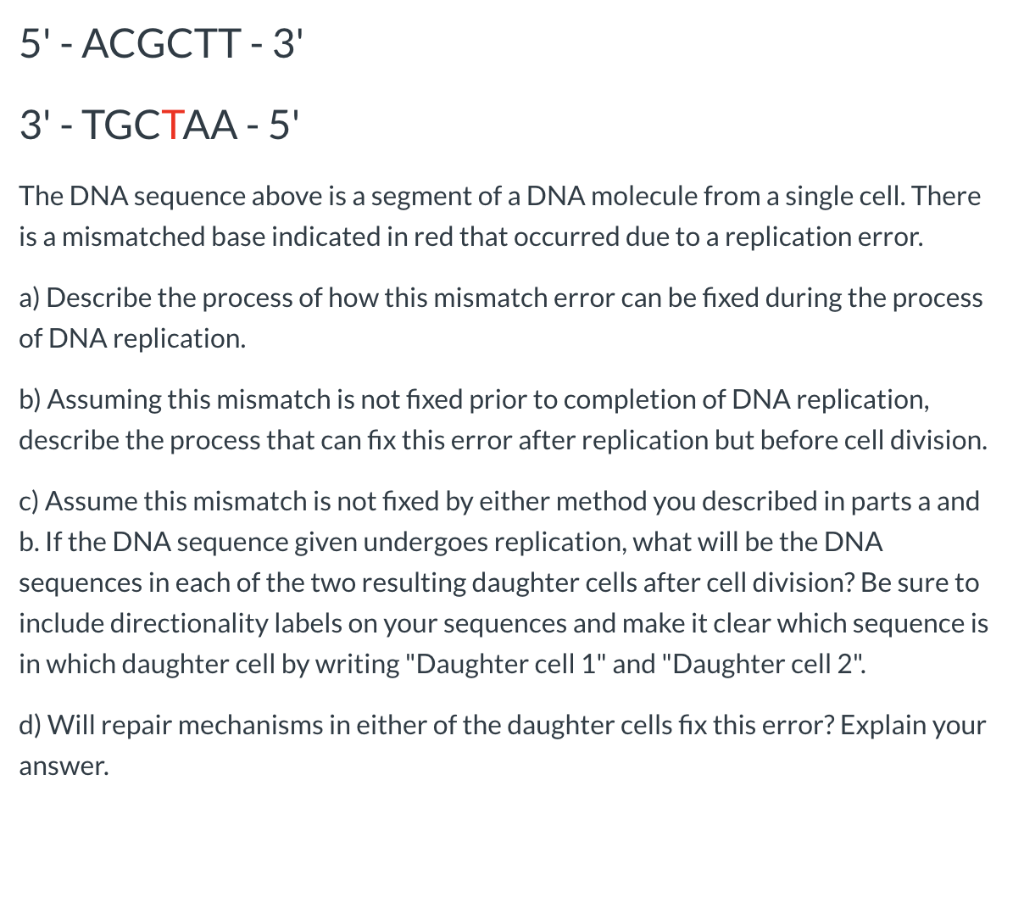 Solved 5'- ACGCTT - 3 3' - TGCTAA -5' The DNA sequence above | Chegg.com