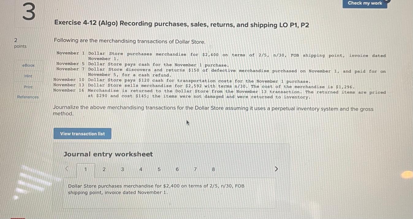Solved Check my work 3 Exercise 4-12 (Algo) Recording | Chegg.com