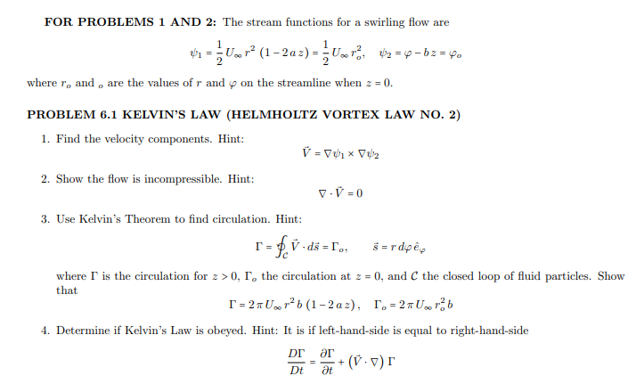 Solved FOR PROBLEMS 1 AND 2: The stream functions for a | Chegg.com