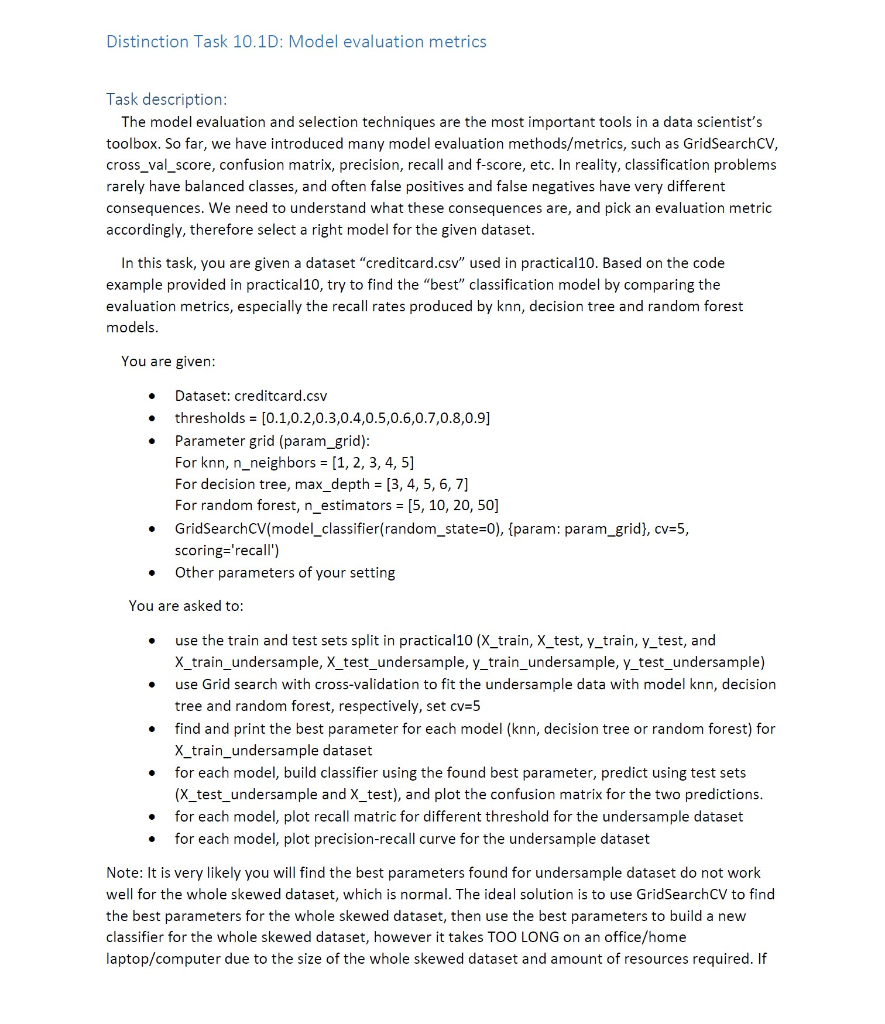 Distinction Task 10.1D: Model evaluation metrics Task | Chegg.com