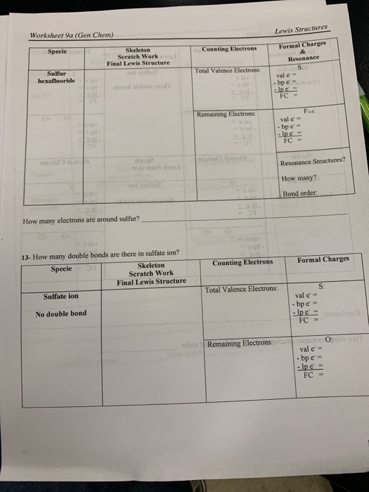 Solved Worksheet 9a (Gen Chem) Lewis Structures Specie Lewis | Chegg.com