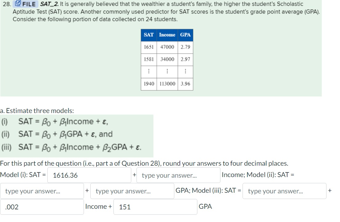 Solved Use the preferred model to predict SAT given the mean | Chegg.com
