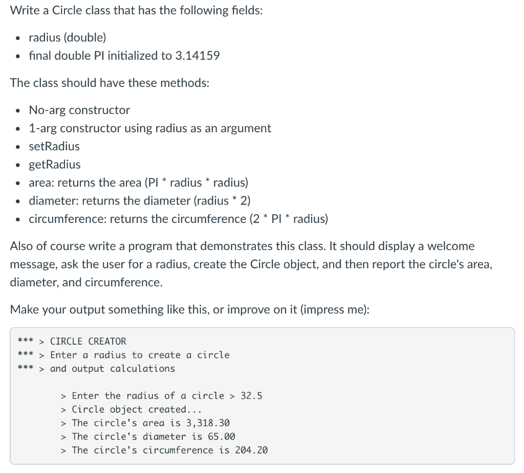 Solved Write a Circle class that has the following fields: | Chegg.com