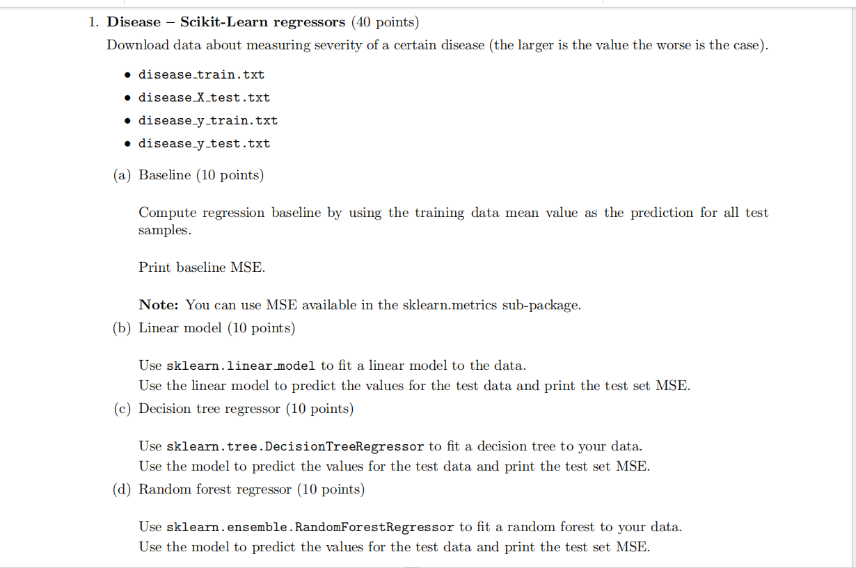 Solved 1. Disease - Scikit-Learn regressors (40 points) | Chegg.com