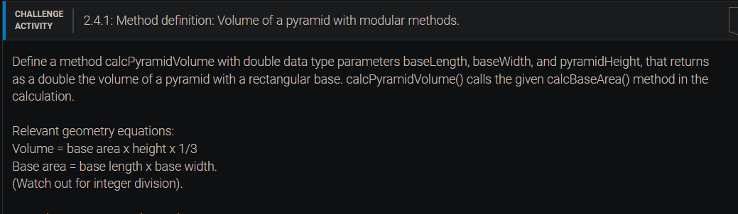Solved 2.4.1: Method definition: Volume of a pyramid with | Chegg.com