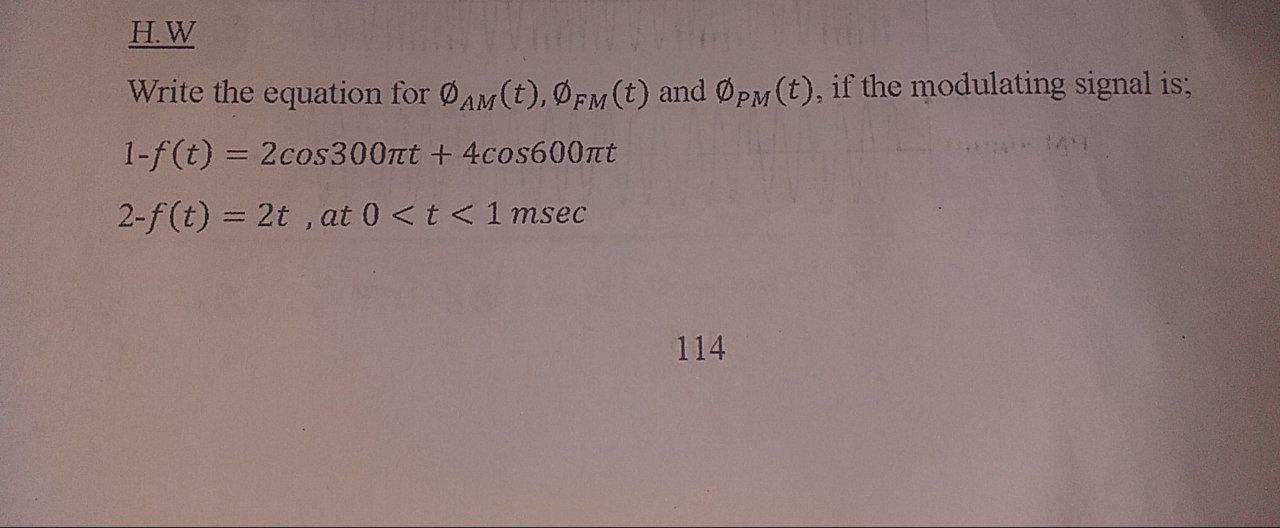 Solved H.W Write the equation for Øam(t), ØFm(t) and Opm(t), | Chegg.com