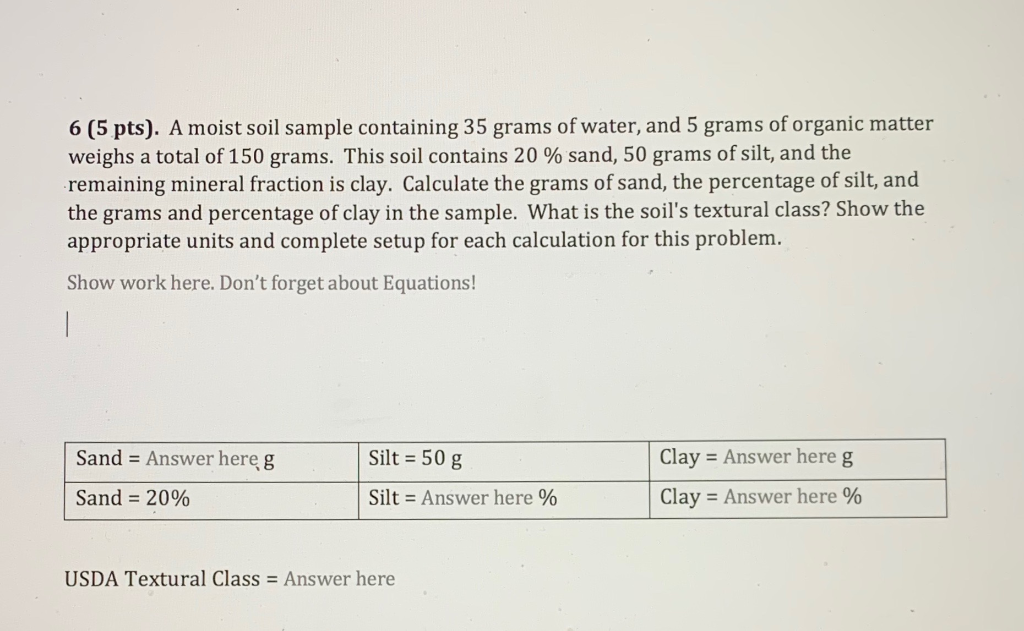 Solved 6 (5 pts). A moist soil sample containing 35 grams of | Chegg.com