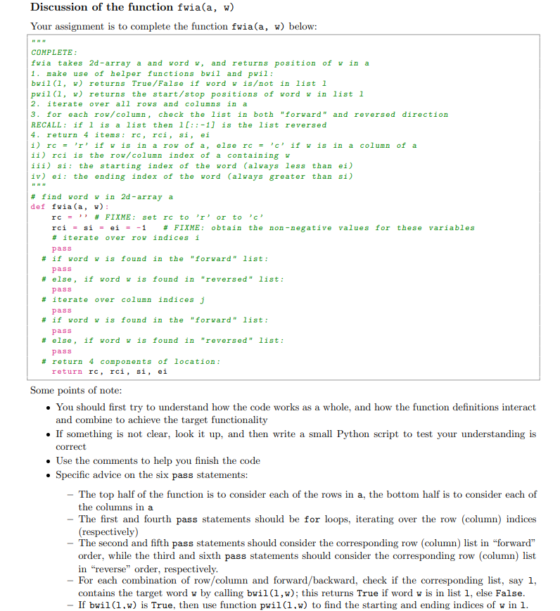 Solved Your assignment is to complete the function fwia(a,w) | Chegg.com