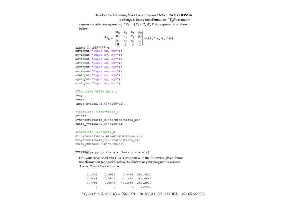 Solved ATE Develop the following MATLAB program Matrix_To | Chegg.com