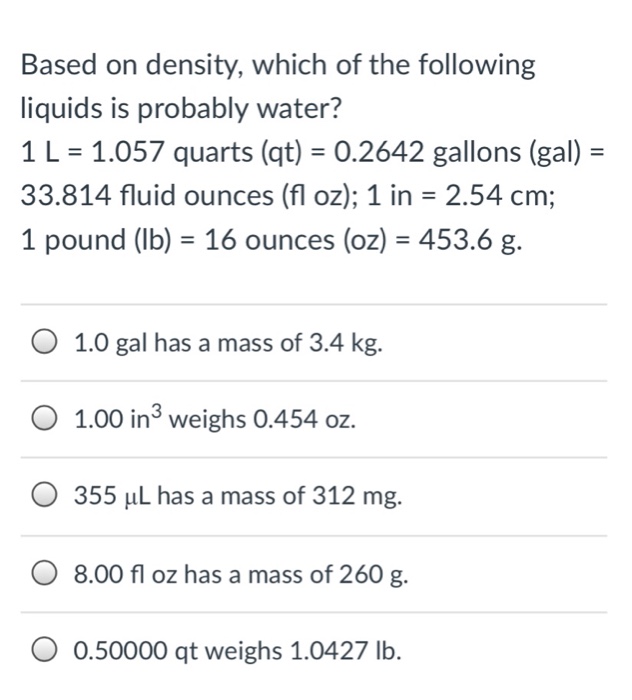 Solved Based on density, which of the following liquids is | Chegg.com