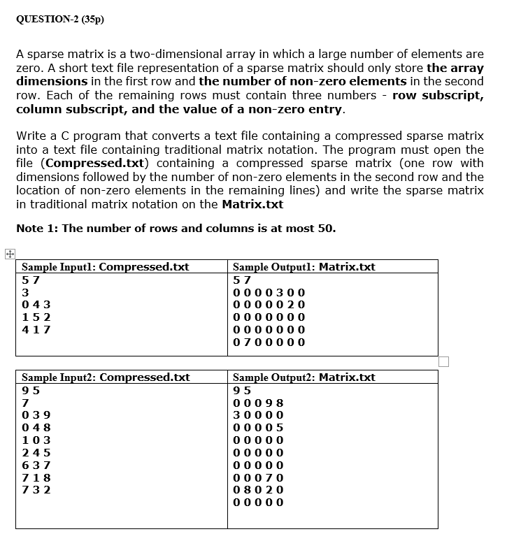 Solved QUESTION-2 (35p) A sparse matrix is a two-dimensional | Chegg.com