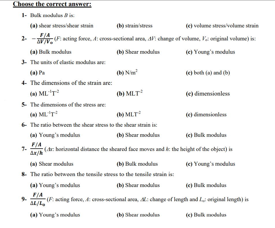 Solved Choose the correct answer: (b) N/ m2 (a) MLT-2 b 1- | Chegg.com