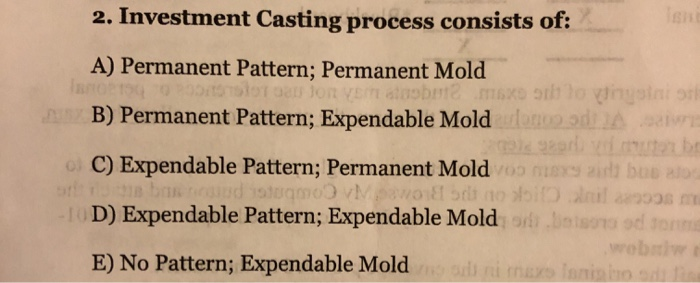 Solved 2. Investment Casting process consists of: A) | Chegg.com