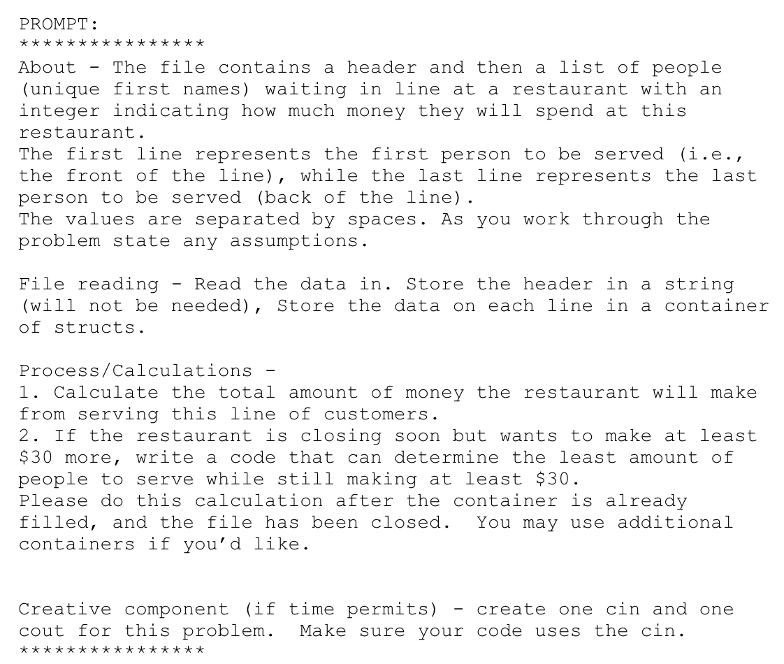 Solved PROMPT : About - The file contains a header and then | Chegg.com