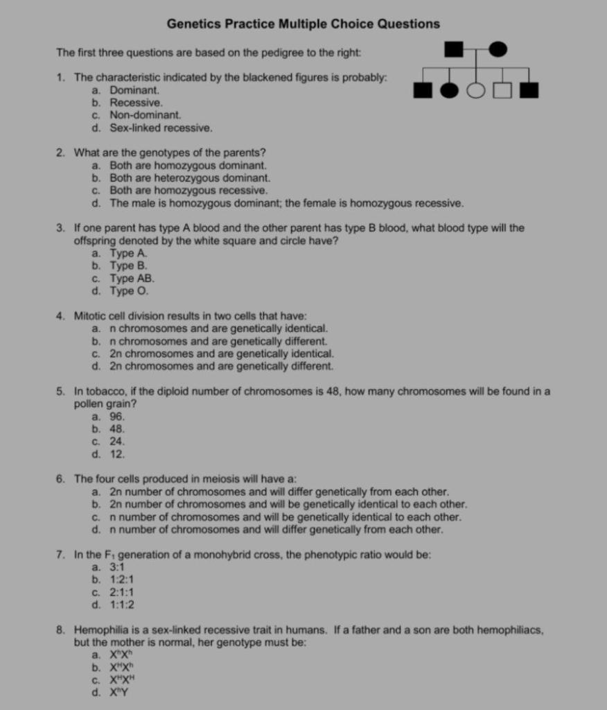 Solved Genetics Practice Multiple Choice Questions The first | Chegg.com