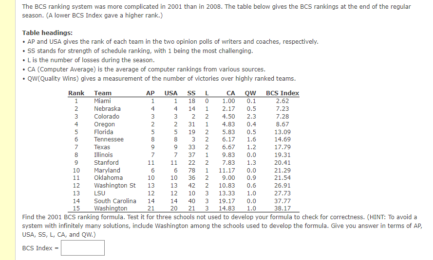 Solved The BCS ranking system was more complicated in 2001 | Chegg.com